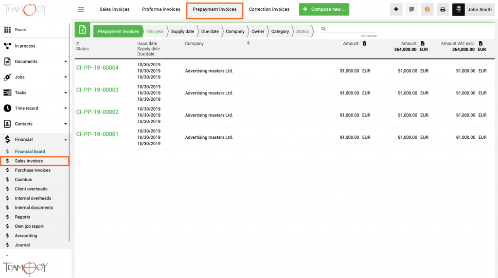 Sales Prepayment Invoice - Teamogy