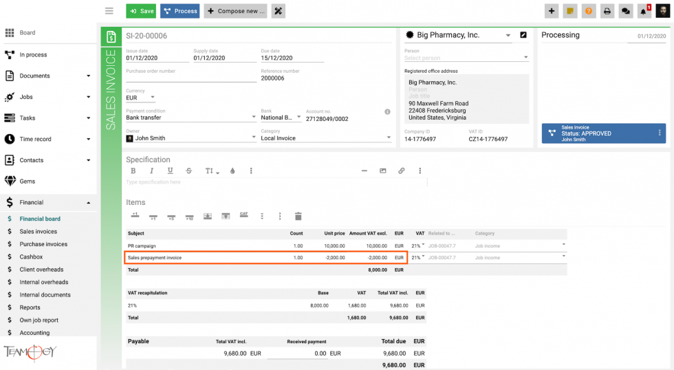 Sales invoice from Sales prepayment invoice - Teamogy